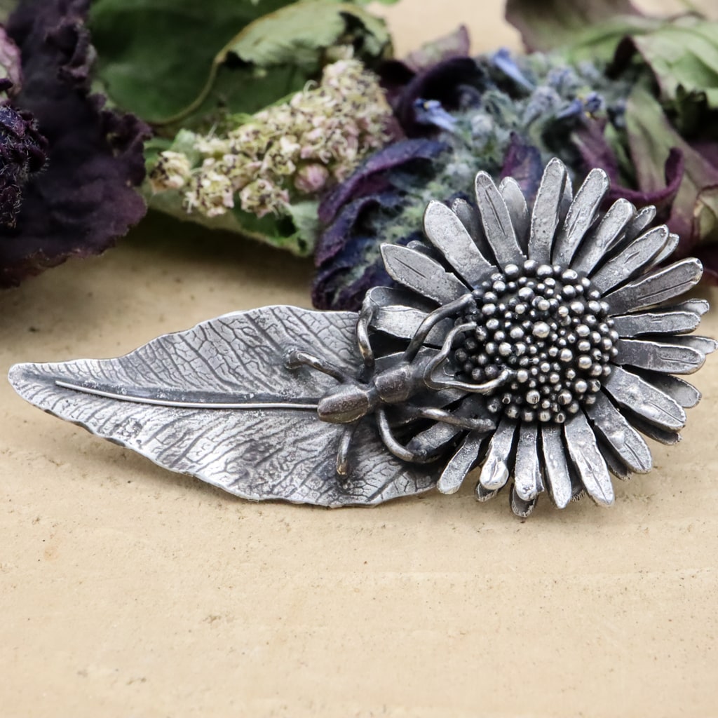 Purple Aster and her Ant Pin - Botanical Brooch -Pollinator