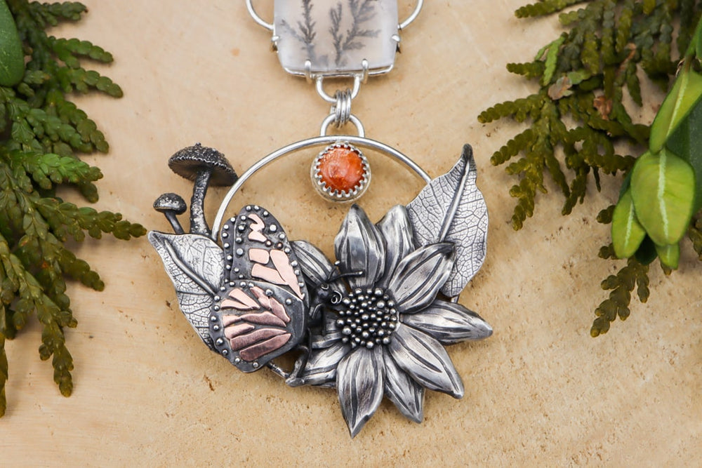 Monarch and her Mexican Sunflower Necklace | Sterling Silver Butterfly